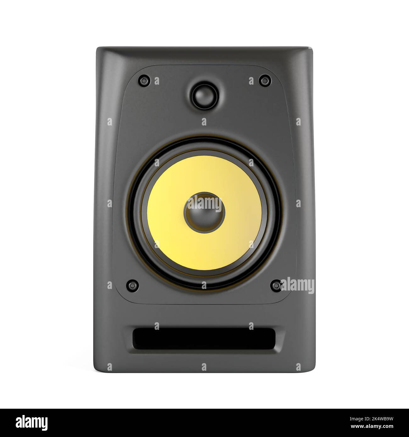 A closeup of black studio monitor (acoustic system) with yellow details ...