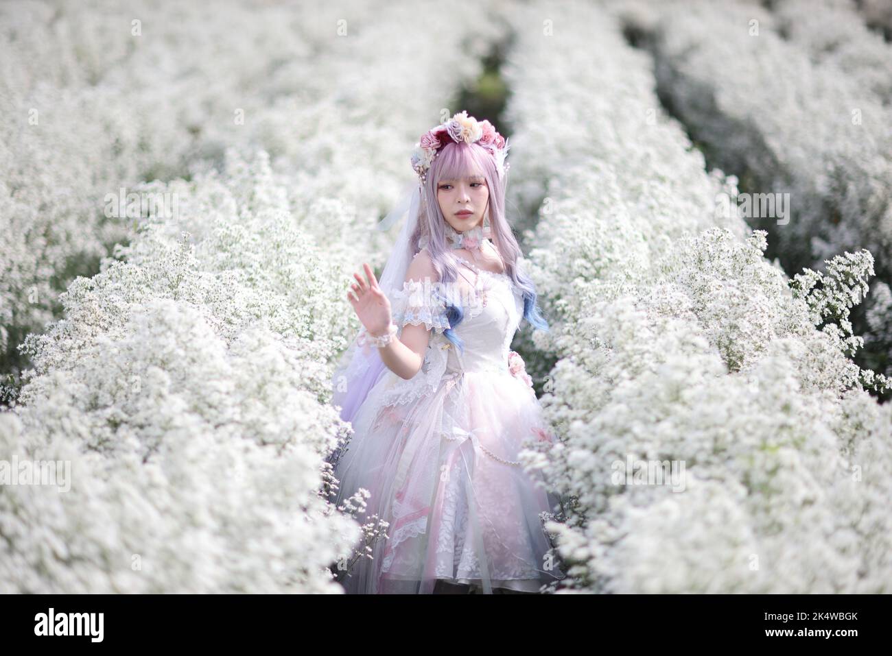Beautiful young woman with white lolita dress with flowers garden ...