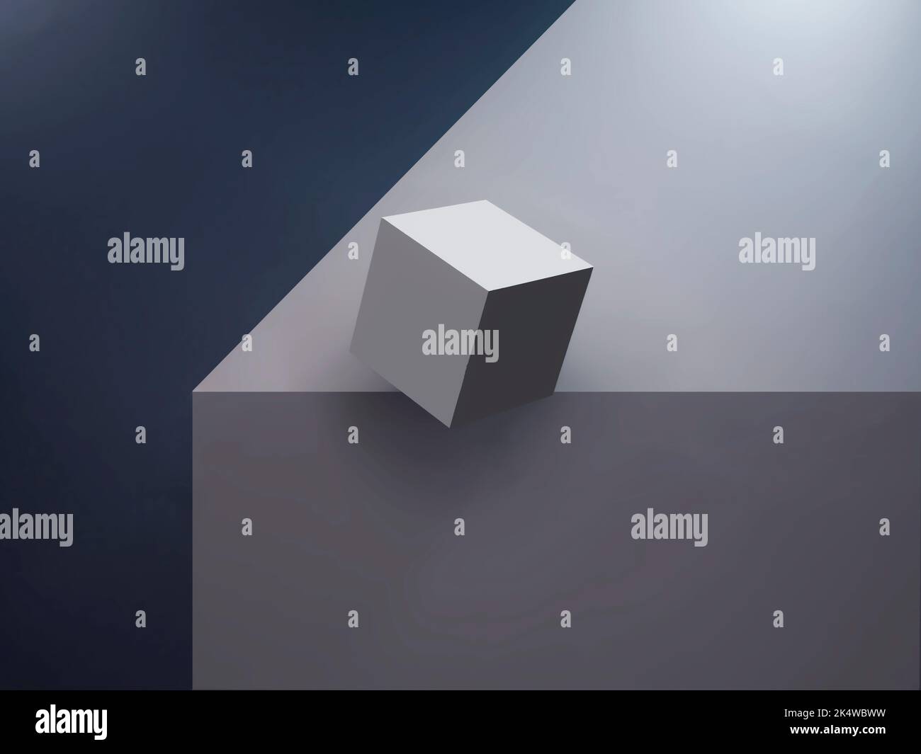 Optical illusion of a cube balancing on the edge of table Stock Photo ...