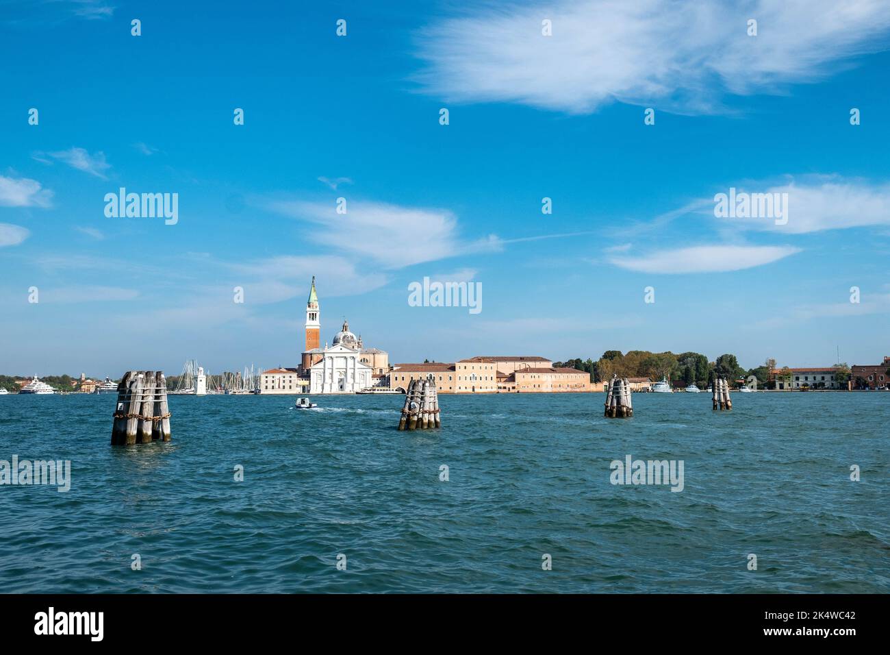 Boat sailing past San Giorgio Maggiore, Venice, Veneto, Italy Stock ...