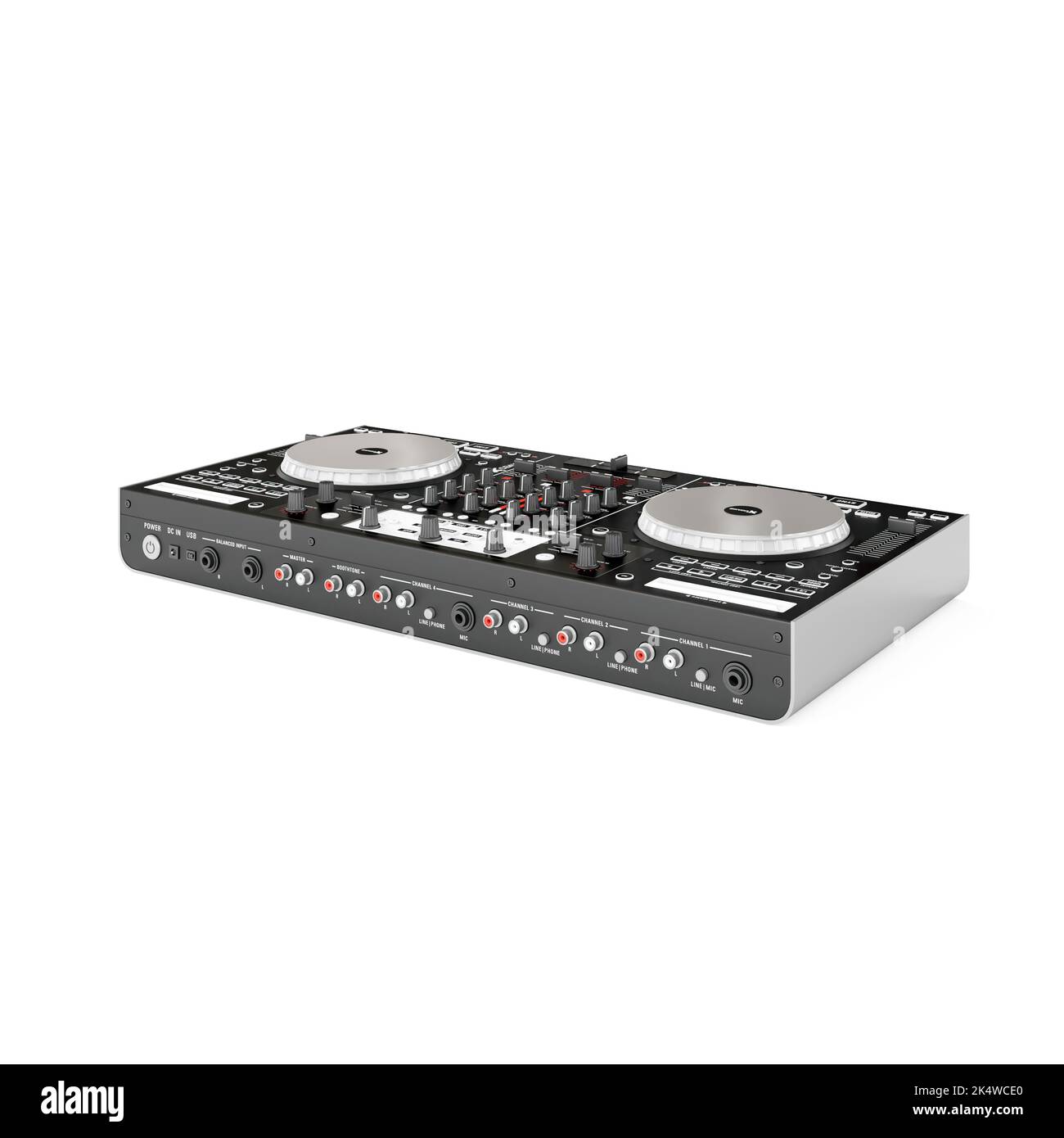 A closeup of black modern dj controller with silver details on a white ...