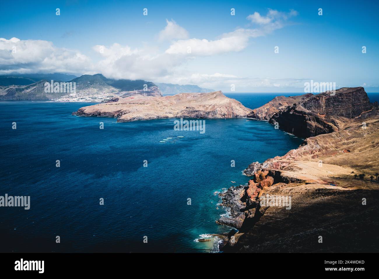 Aerial view of rocky coastline near Ponta de Sao, Lourenco, Canical ...