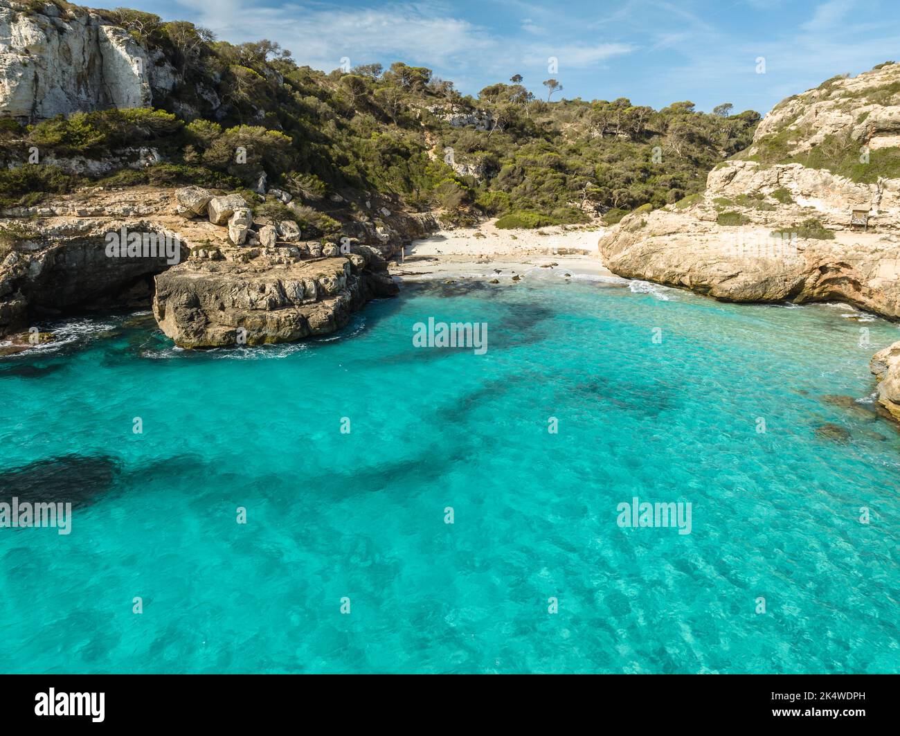Aerial view of beach with turquoise water, Cala Marmols, Majorca, Spain ...