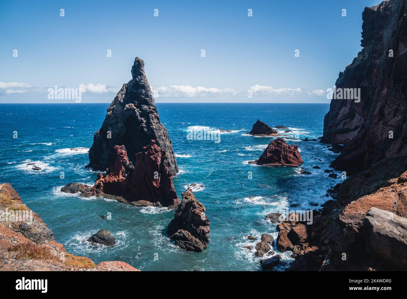 Aerial view of sea stacks and rocky coastline near Ponta de Sao ...
