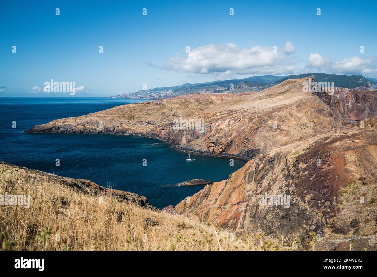 Aerial view of rocky coastline near Ponta de Sao, Lourenco, Canical ...