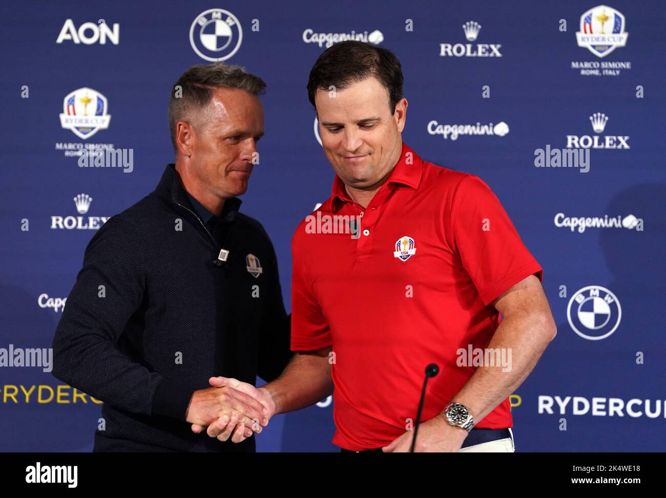 European Ryder Cup captain Luke Donald (left) with USA captain Zach ...
