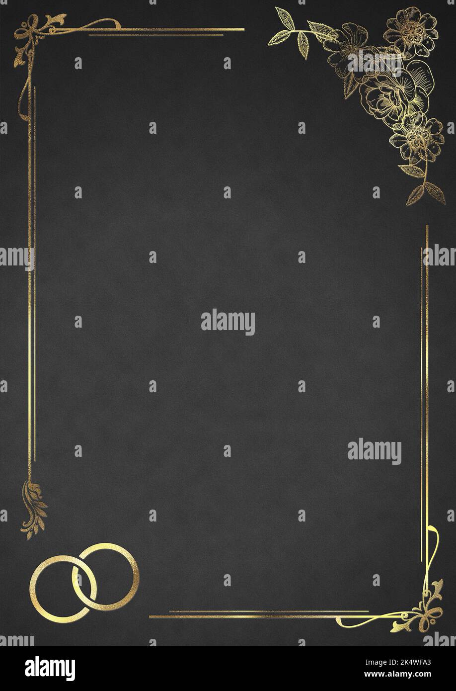 Wedding Invitation Background with Golden Floral Frame and Rings - Grey ...