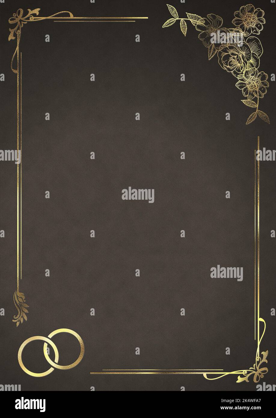 Wedding Invitation Background with Golden Floral Frame and Rings ...