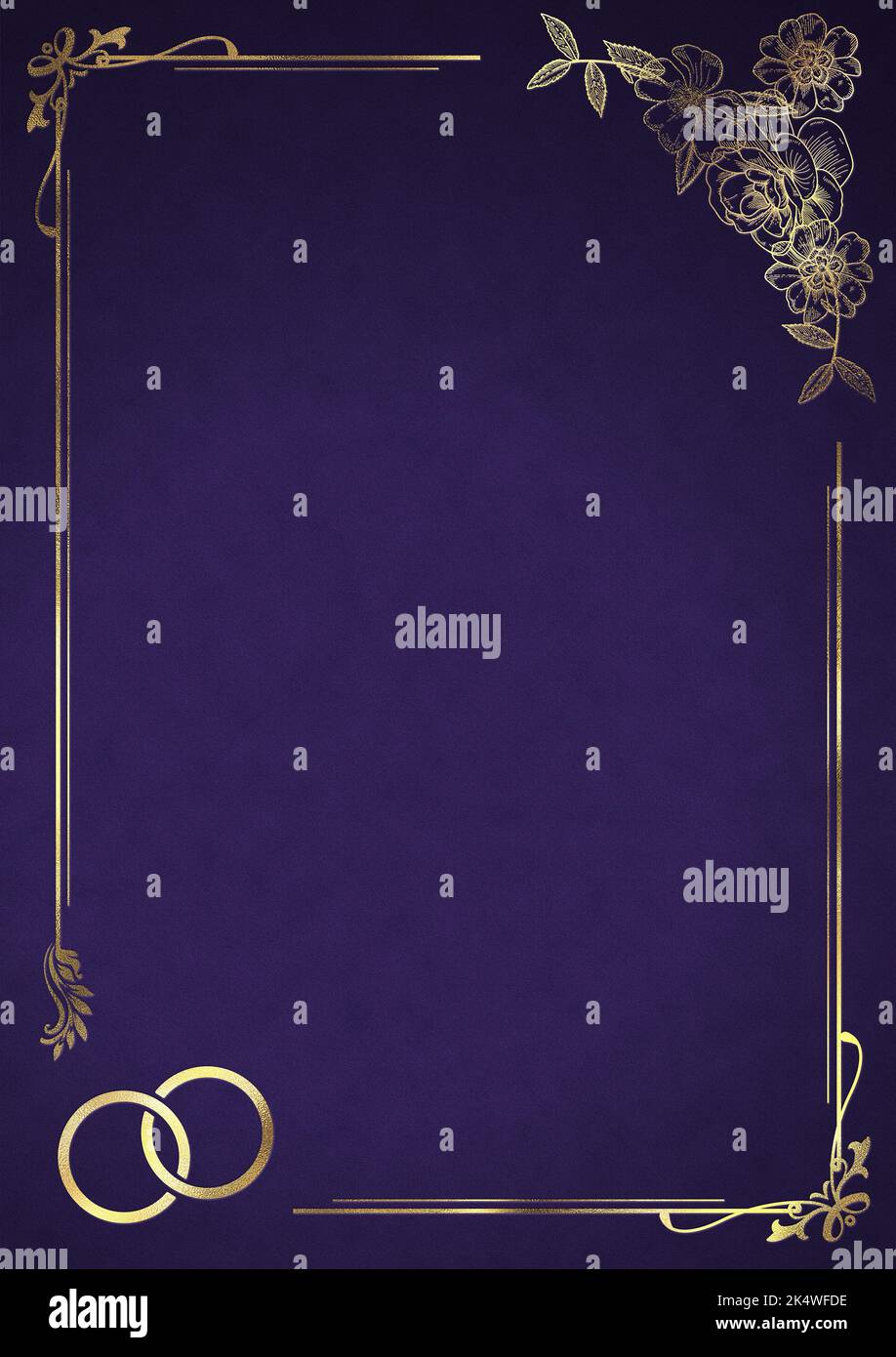 Wedding Invitation Background with Golden Floral Frame and Rings ...