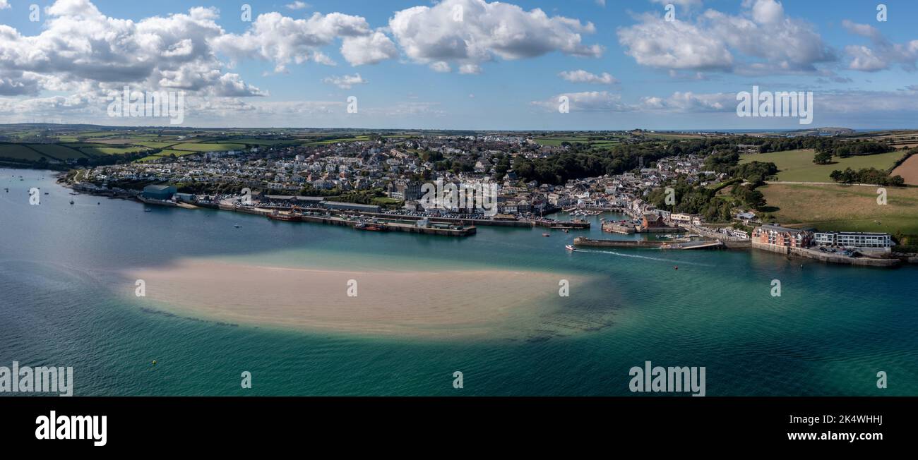 Aerial panoramic view of the town and beach of Padstow on The Camel ...