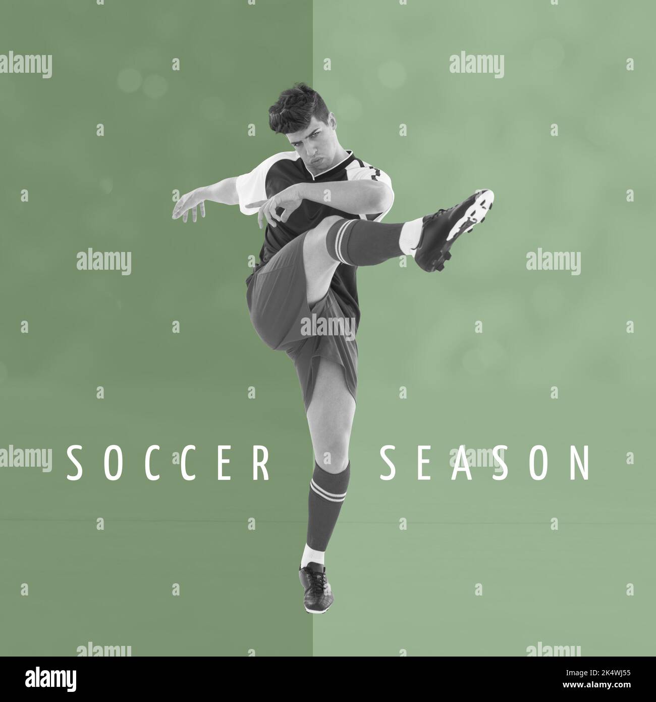 Composition of soccer searon text over kicking caucasian male football ...