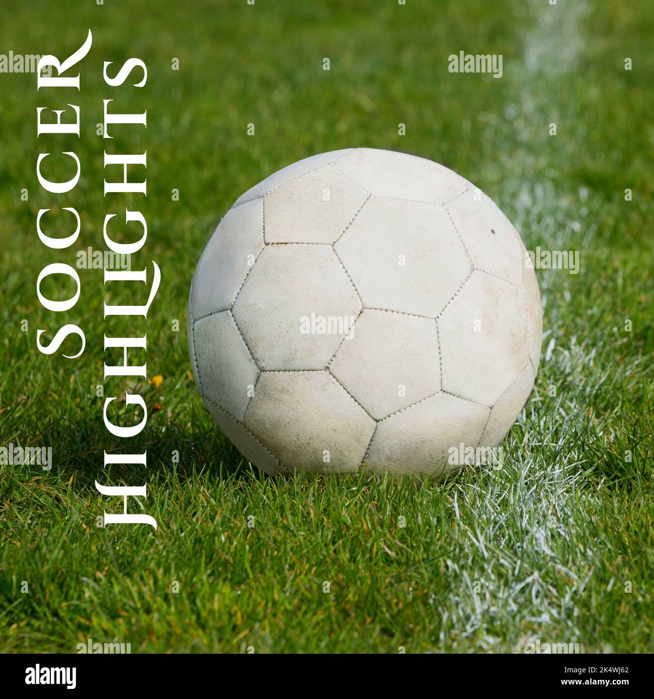 Composition of soccer highlights text over football on grass pitch ...