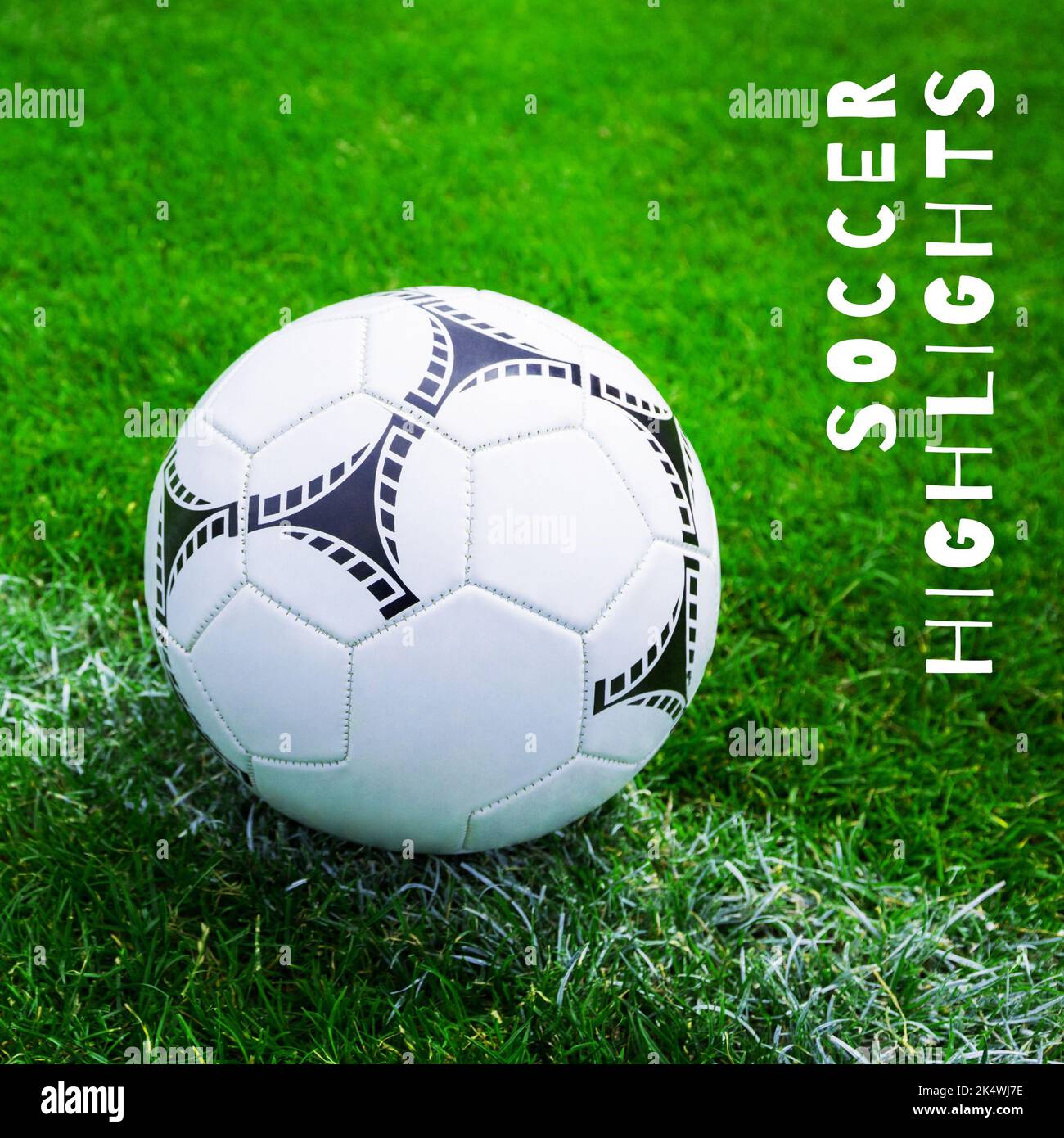Composition of soccer highlights text over football on grass pitch ...