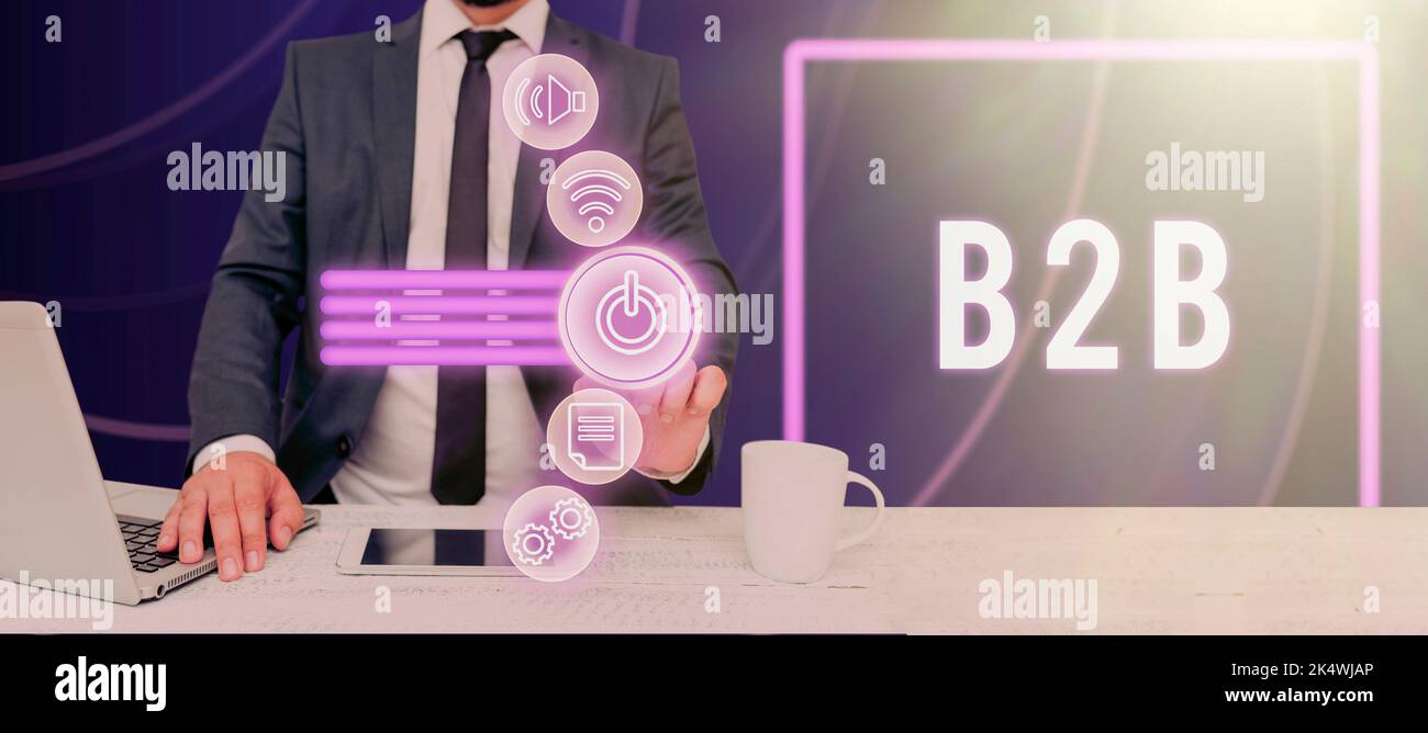 Text sign showing B2B. Word for business to business between companies such as wholesaler and ...