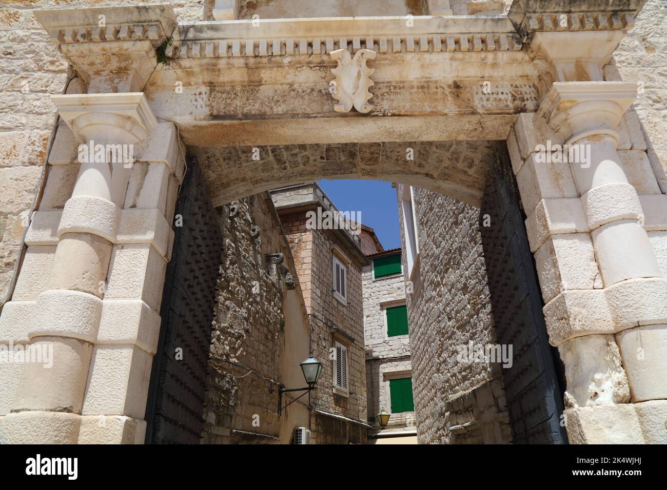 Streets of Trogir old town in Croatia. Narrow quaint alleys in Croatia ...
