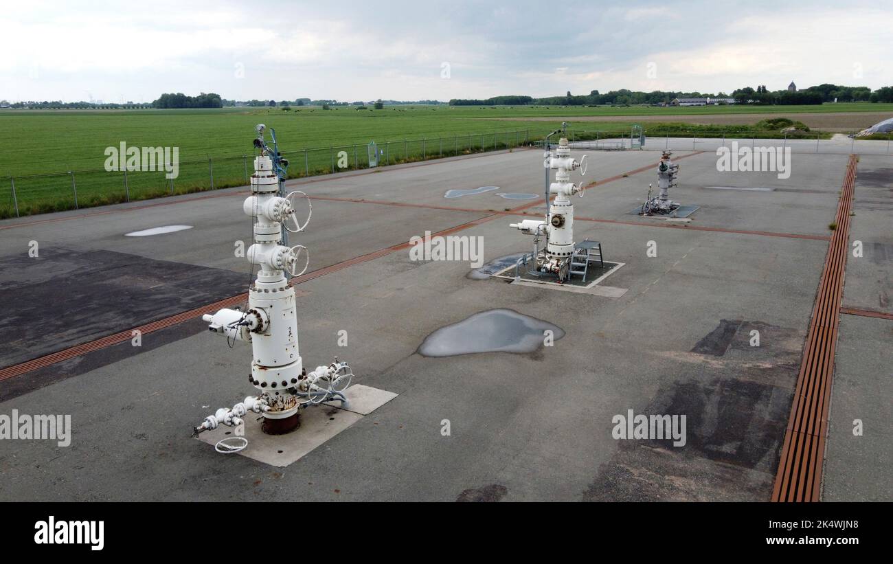 Three closed gas taps from a gas extraction location of the Groningen ...