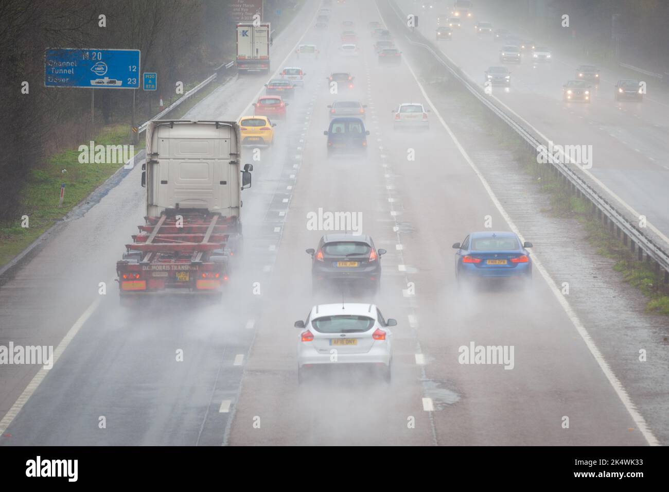 Heavy rain on the M20 motorway at Ashford is making driving conditions ...