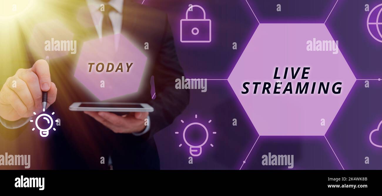 Conceptual display Live Streaming. Word for displaying audio or media ...