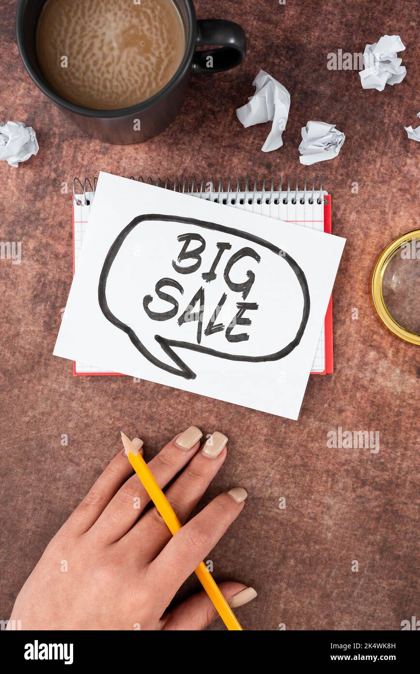 Handwriting text Big Sale. Business approach putting products on high ...