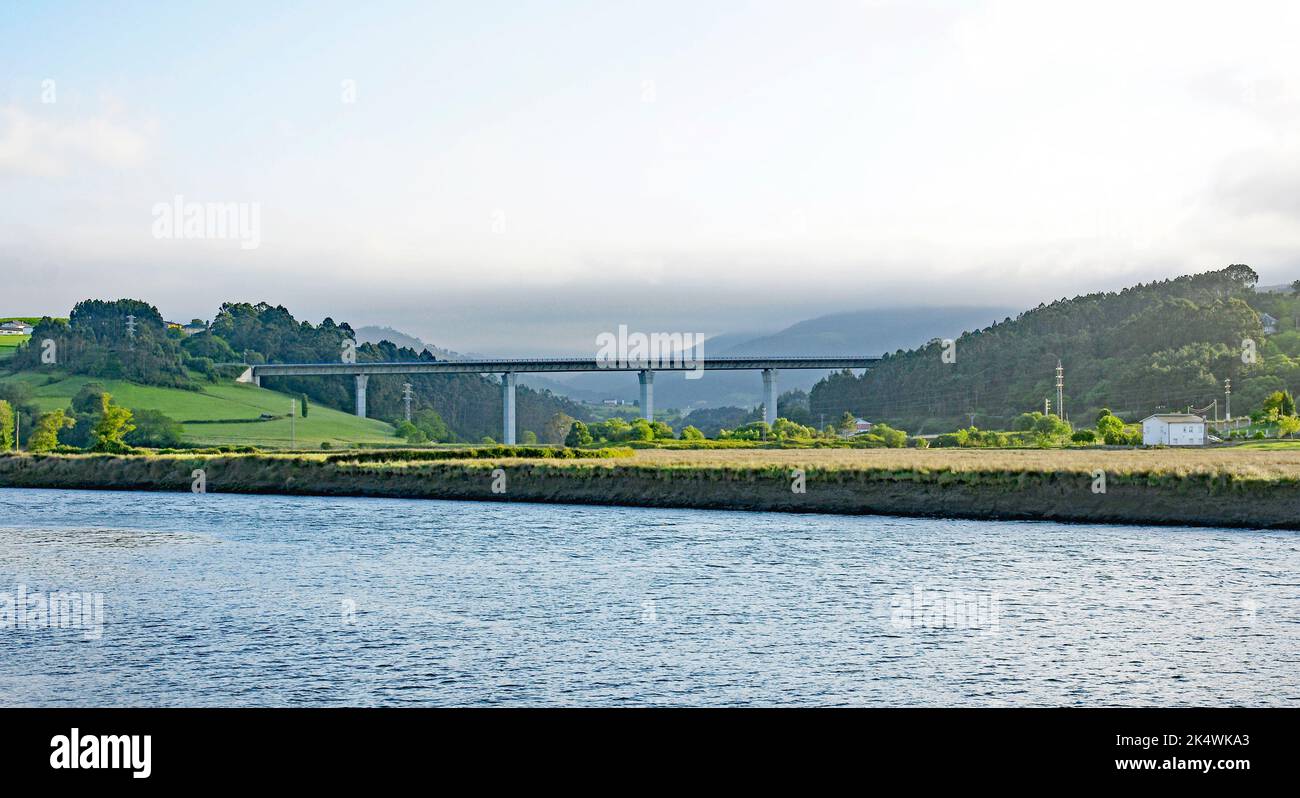 Panoramic view of the Navia river in Navia, Principality of Asturias ...