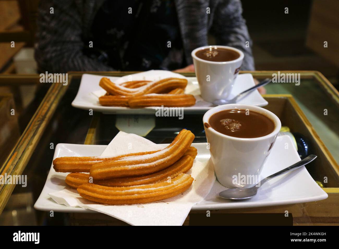 Churros Spanish snack served with hot chocolate. Churros are food items ...