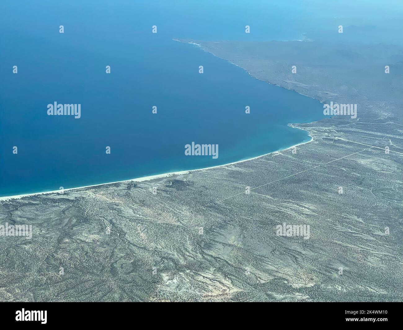 Aerial view of the ocean, beach and desert in the Gulf of California ...