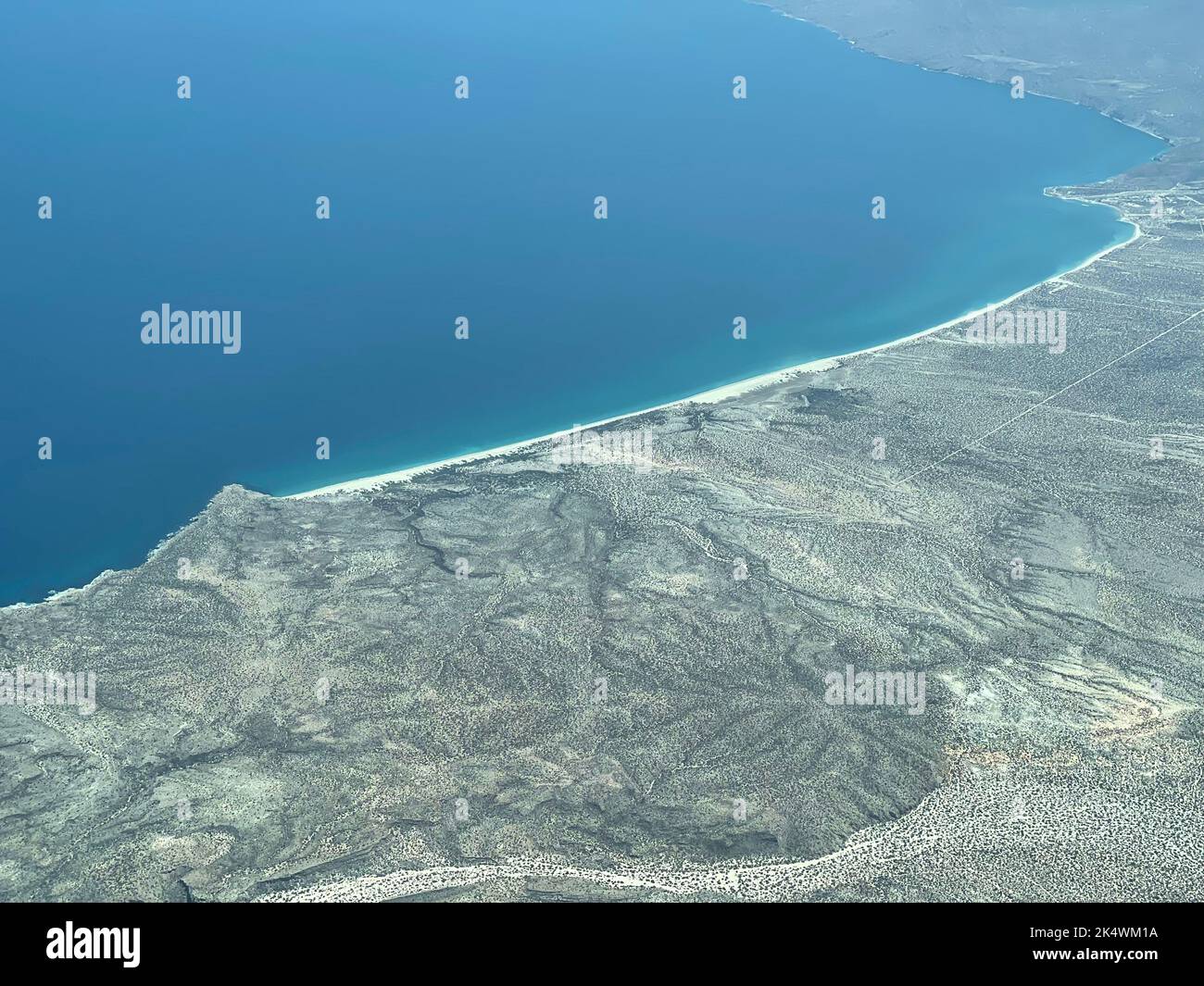 Aerial view of the ocean, beach and desert in the Gulf of California ...