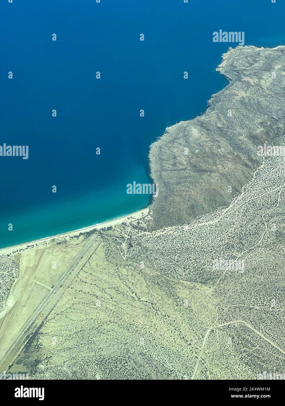 Aerial view of the ocean, beach and desert in the Gulf of California ...