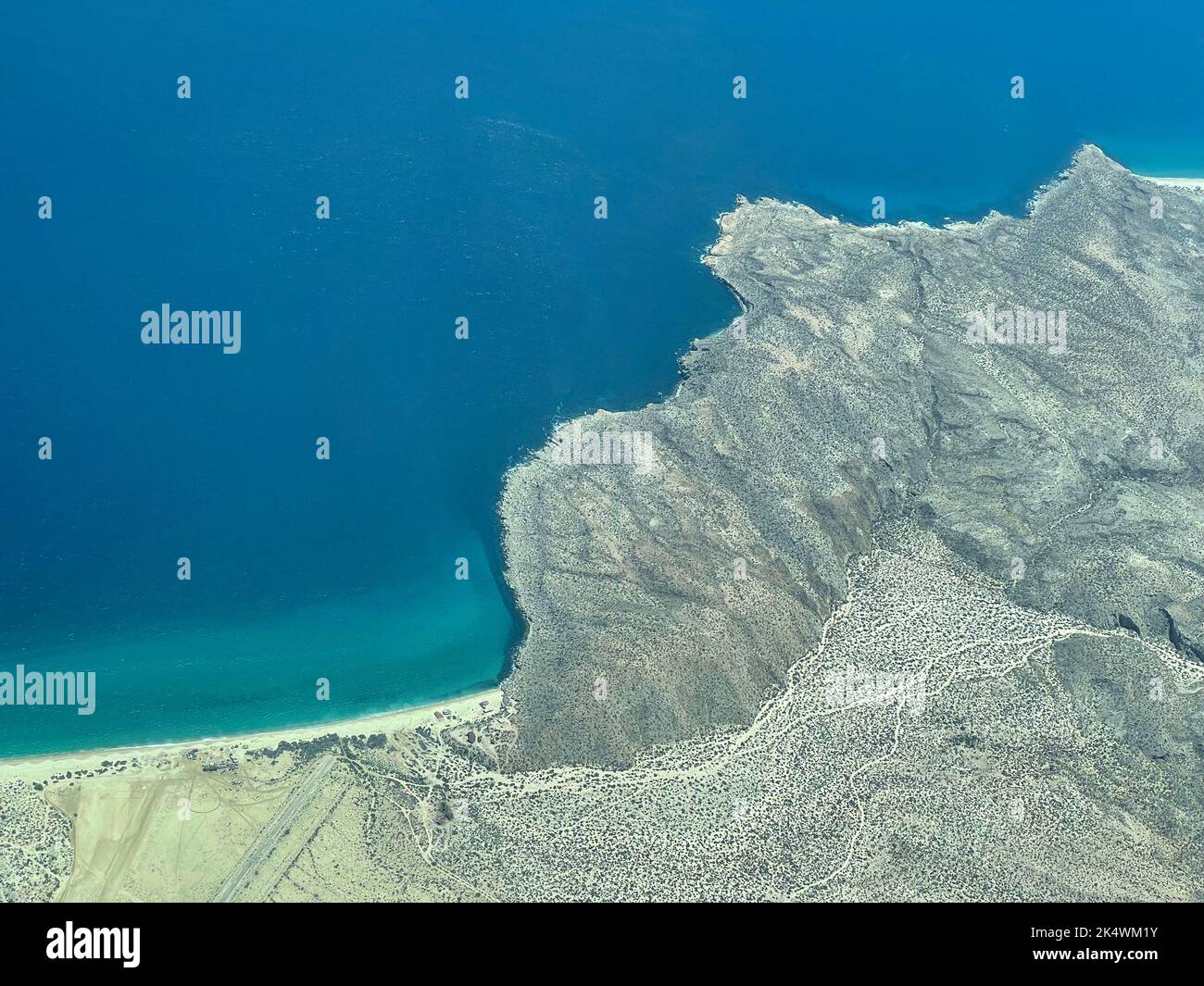 Aerial view of the ocean, beach and desert in the Gulf of California ...