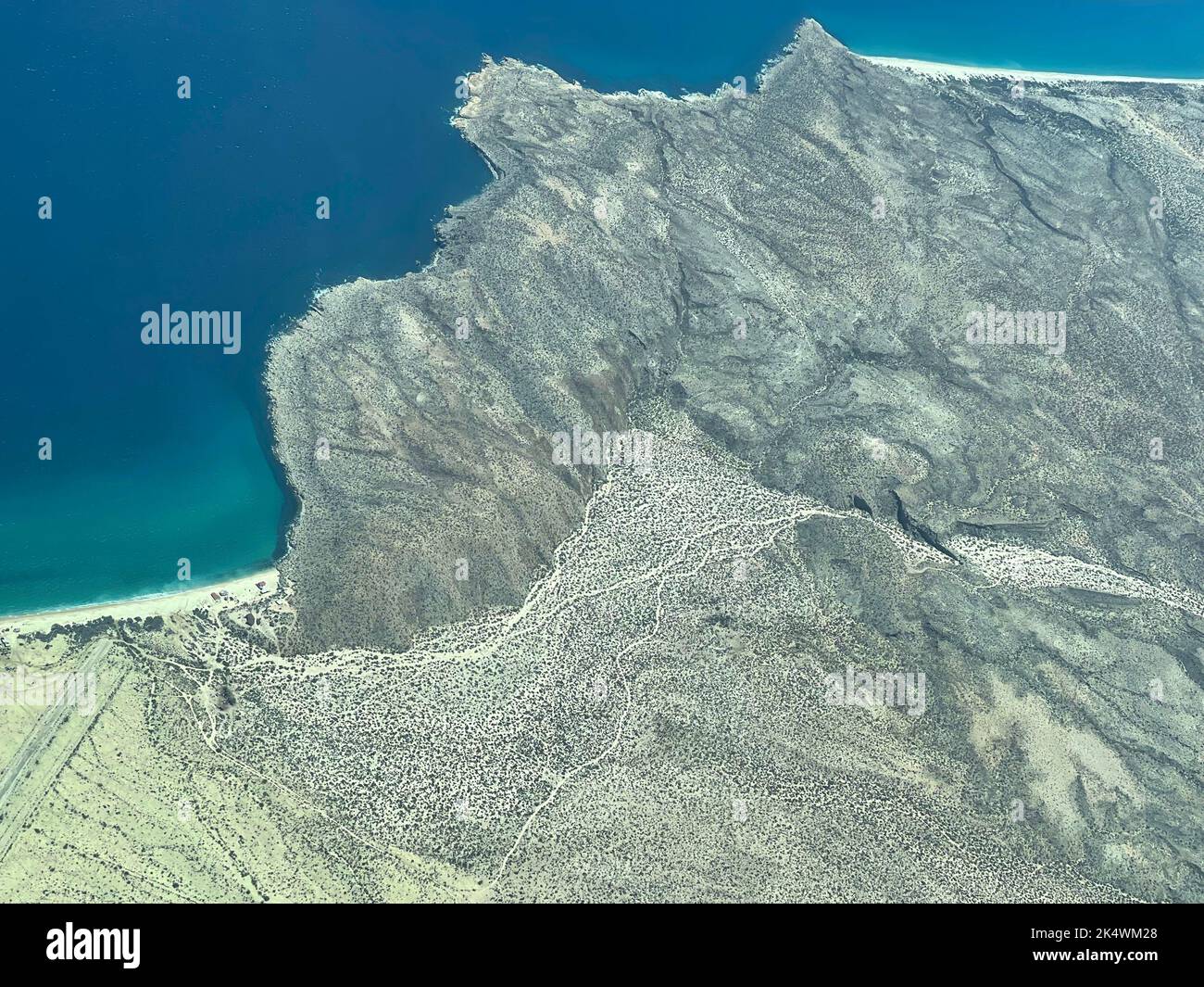 Aerial view of the ocean, beach and desert in the Gulf of California ...