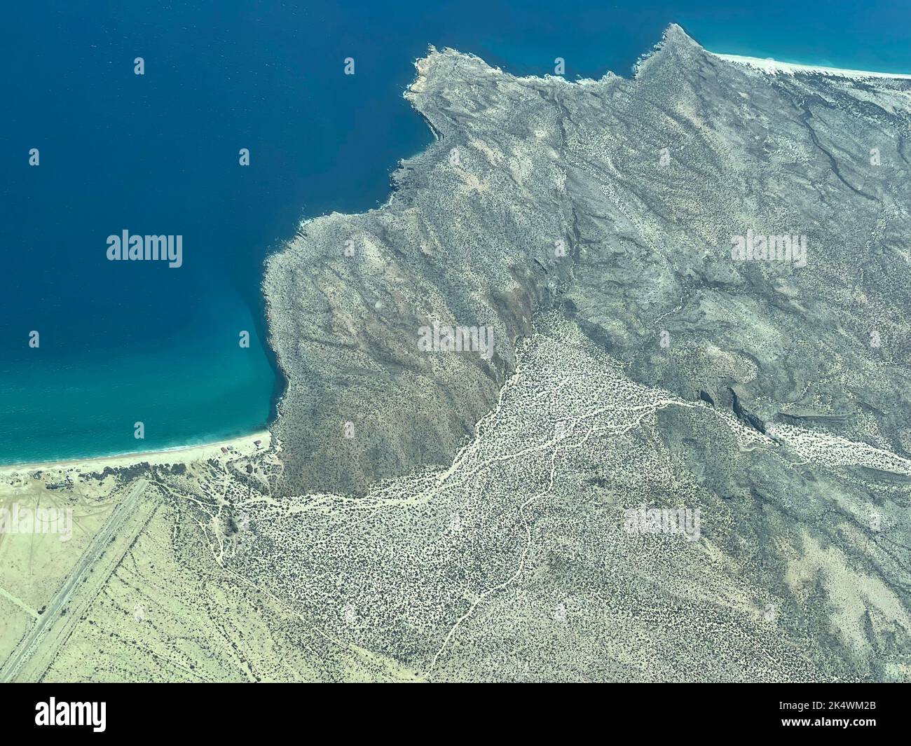Aerial view of the ocean, beach and desert in the Gulf of California ...