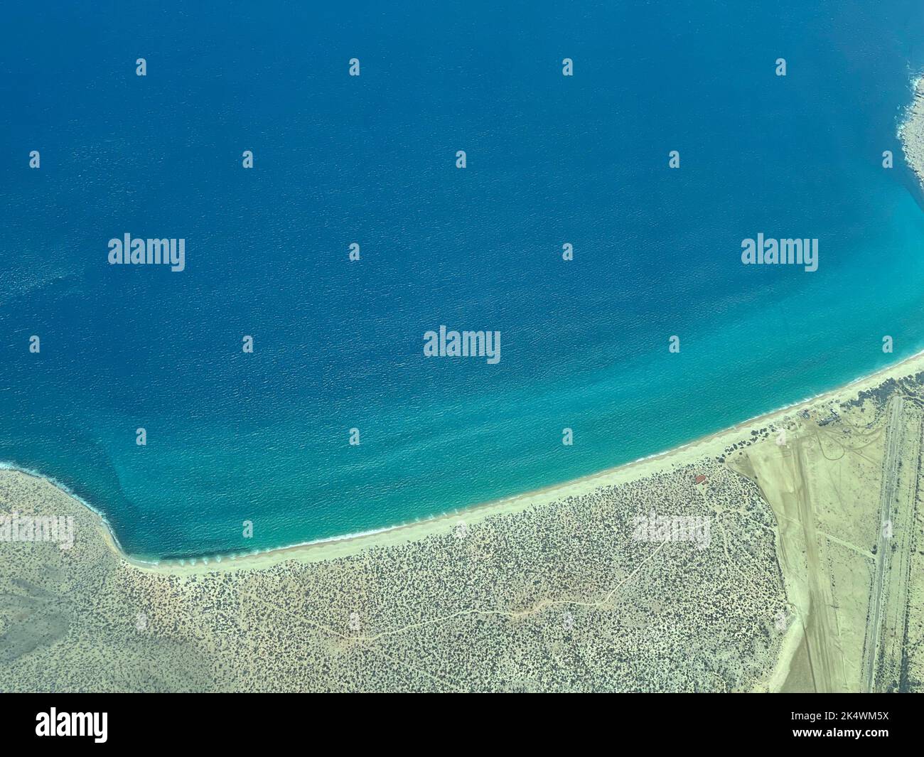 Aerial view of the ocean, beach and desert in the Gulf of California ...