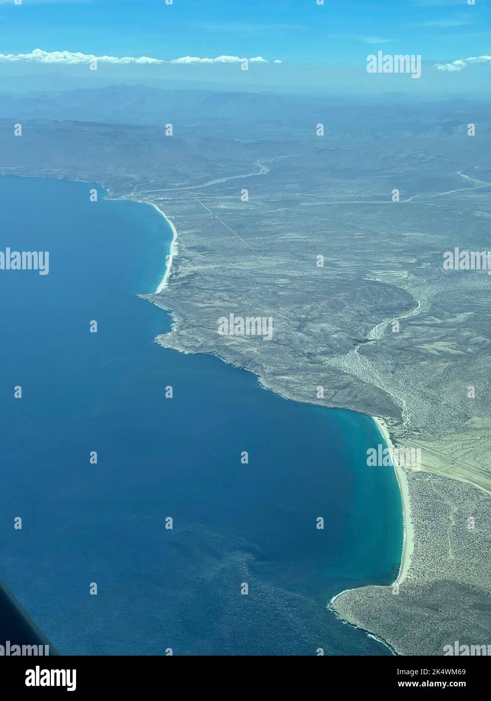 Aerial view of the ocean, beach and desert in the Gulf of California ...