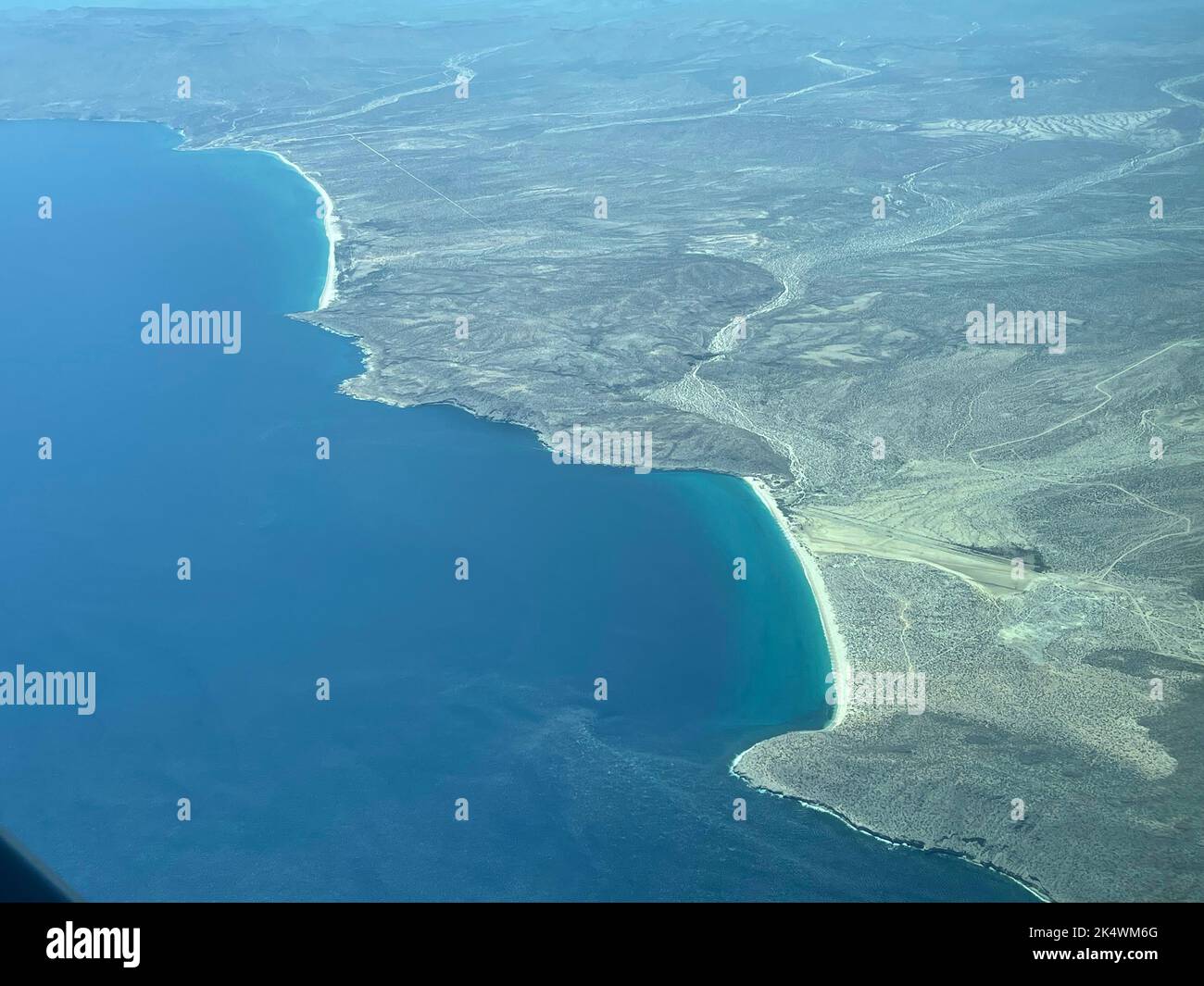 Aerial view of the ocean, beach and desert in the Gulf of California ...
