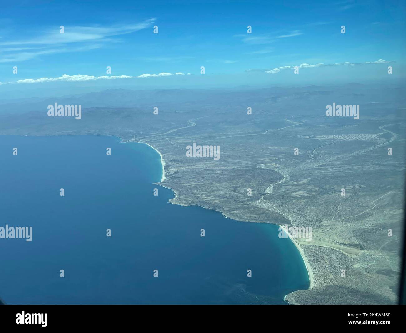 Aerial view of the ocean, beach and desert in the Gulf of California ...