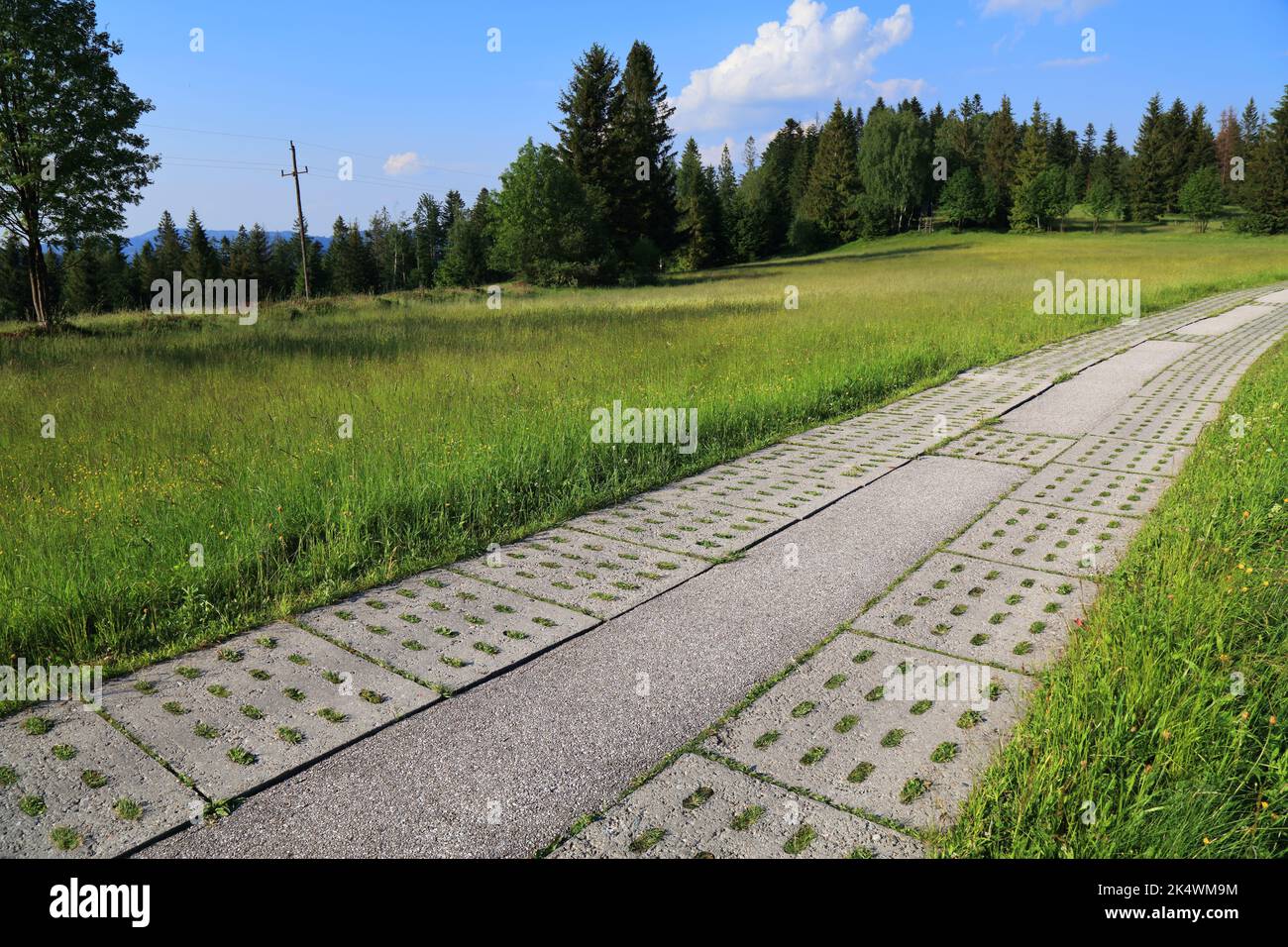 Perforated concrete slab road in rural area of Beskid Slaski (Silesian ...