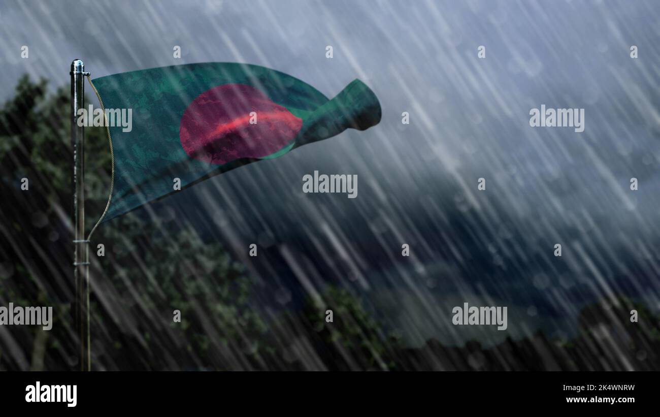 flag of Bangladesh with rain and dark clouds, twister forecast symbol ...