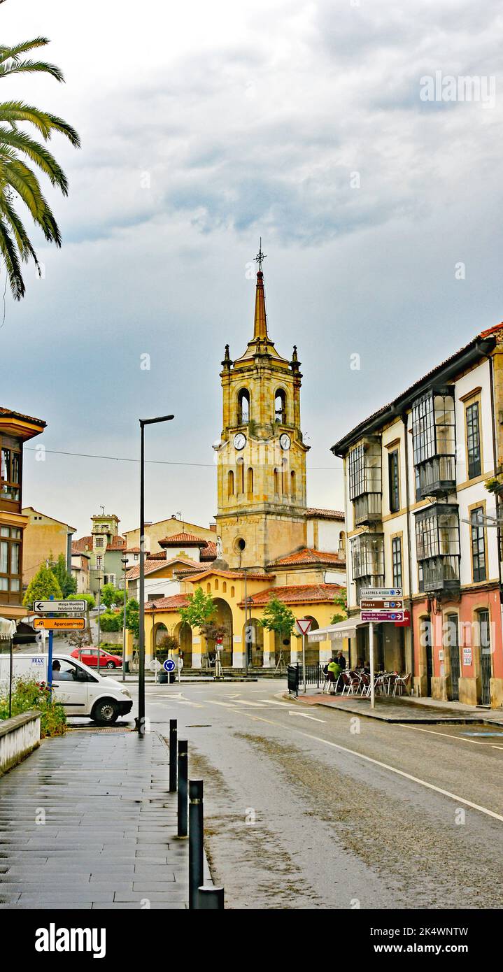 View of the town and its church of San Cristobal in Colunga ...