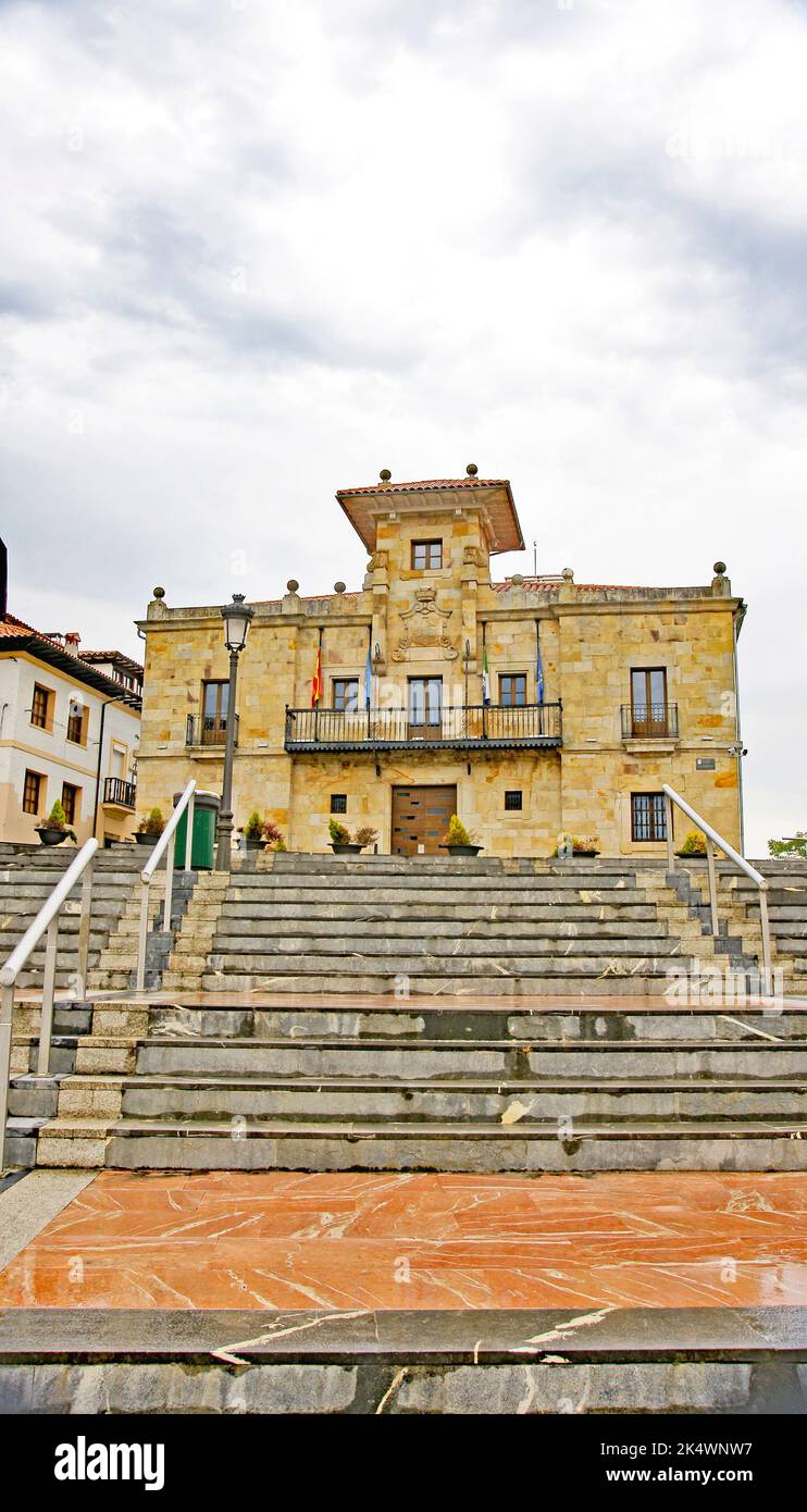 View of the town and its church of San Cristobal in Colunga ...