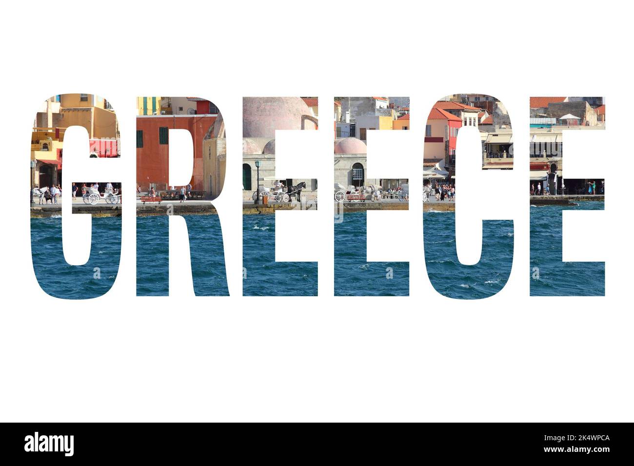 Greece word - country name with background travel postcard photo Stock ...