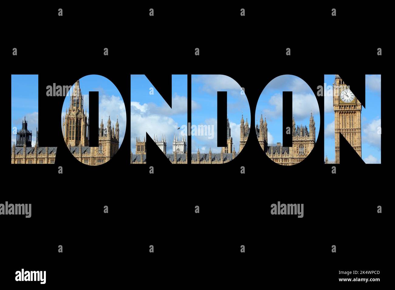 London UK - city name word with photo in background. Isolated on black ...