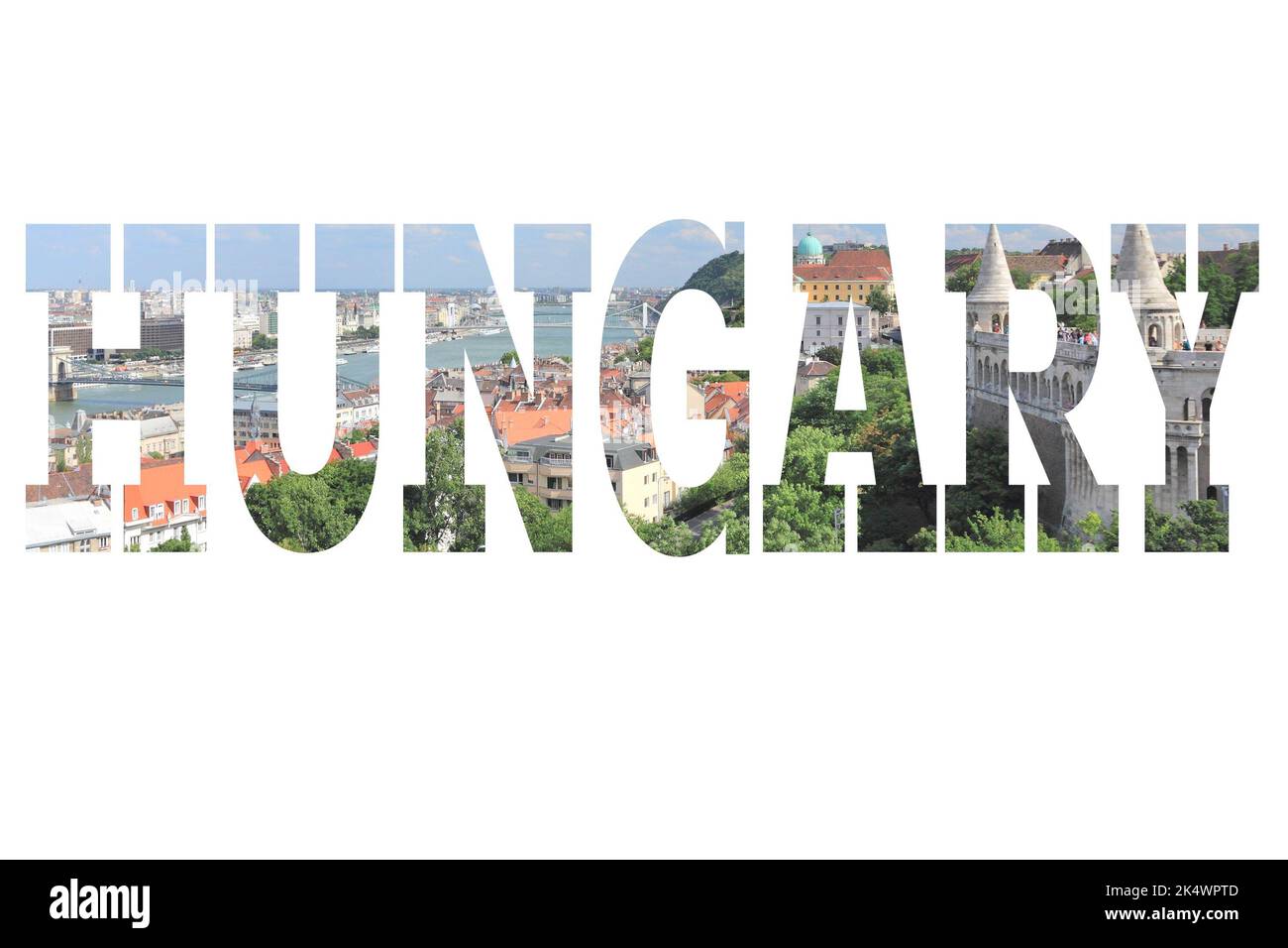 Hungary word - country name with background travel postcard photo Stock ...