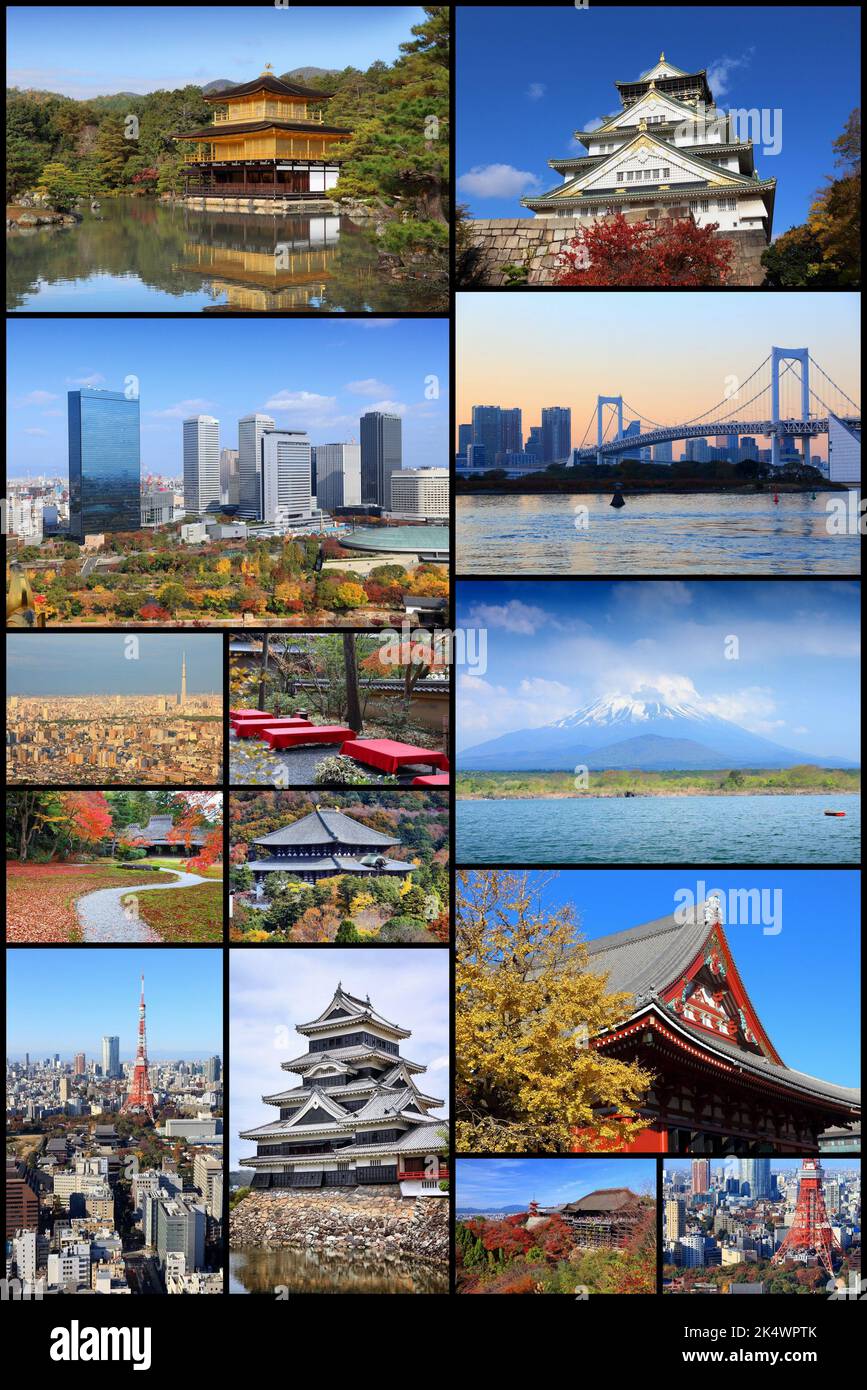 Japan landmarks collage - postcard collection with Tokyo, Kyoto, Osaka ...