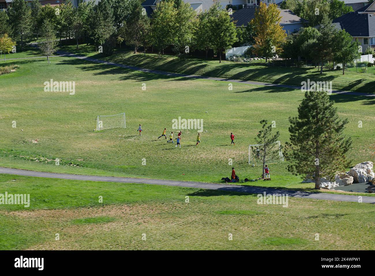 A crowd of children playing soccer on a field in a park Stock Photo - Alamy