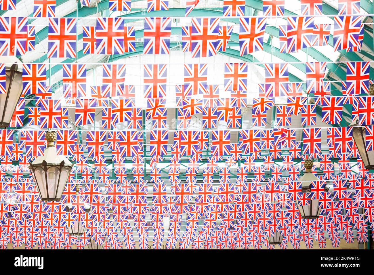 Union flag decorations are seen in Covent Garden, London, ahead of the ...