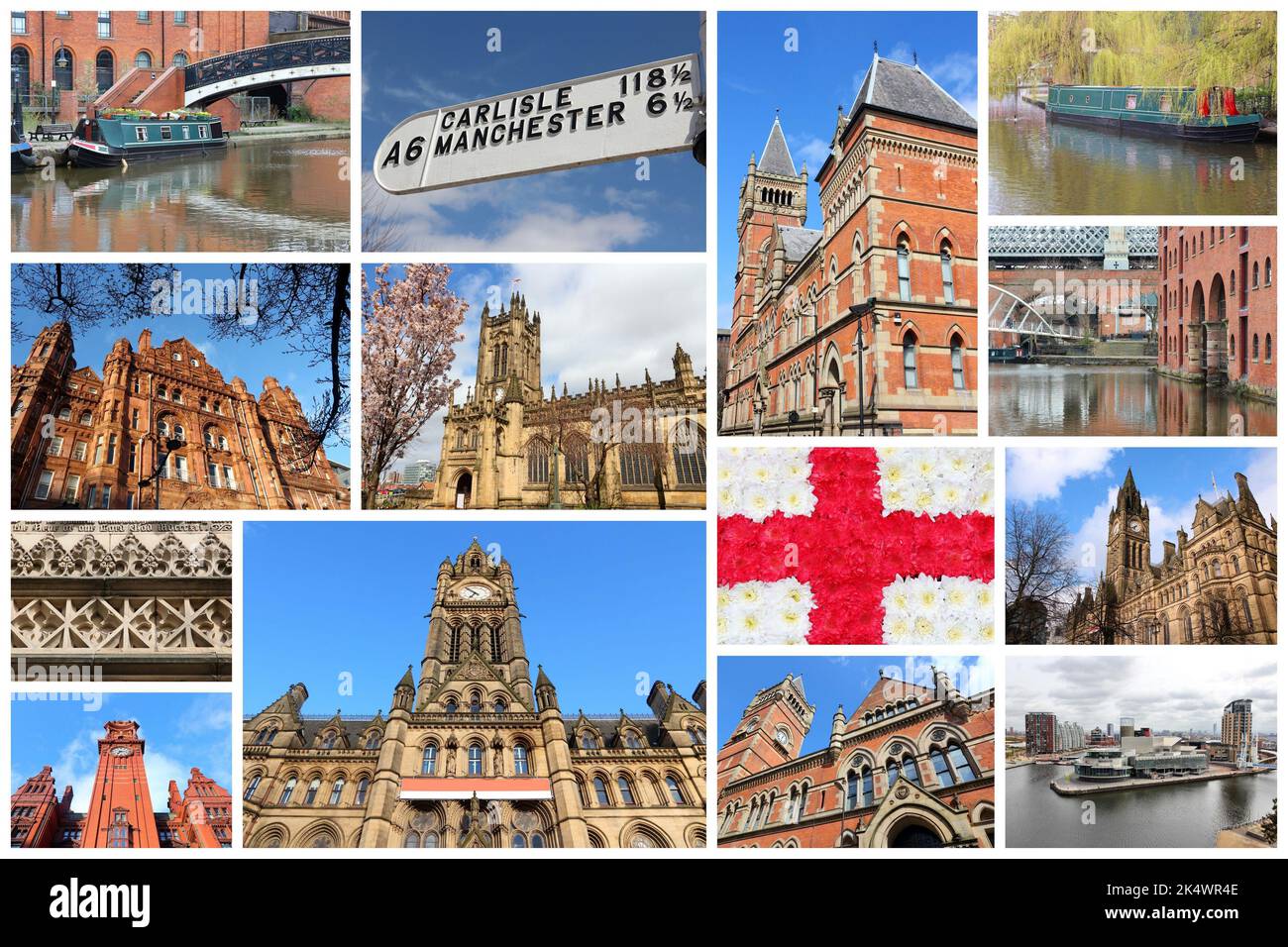 Manchester, UK travel photos collage. Collage includes major landmarks ...