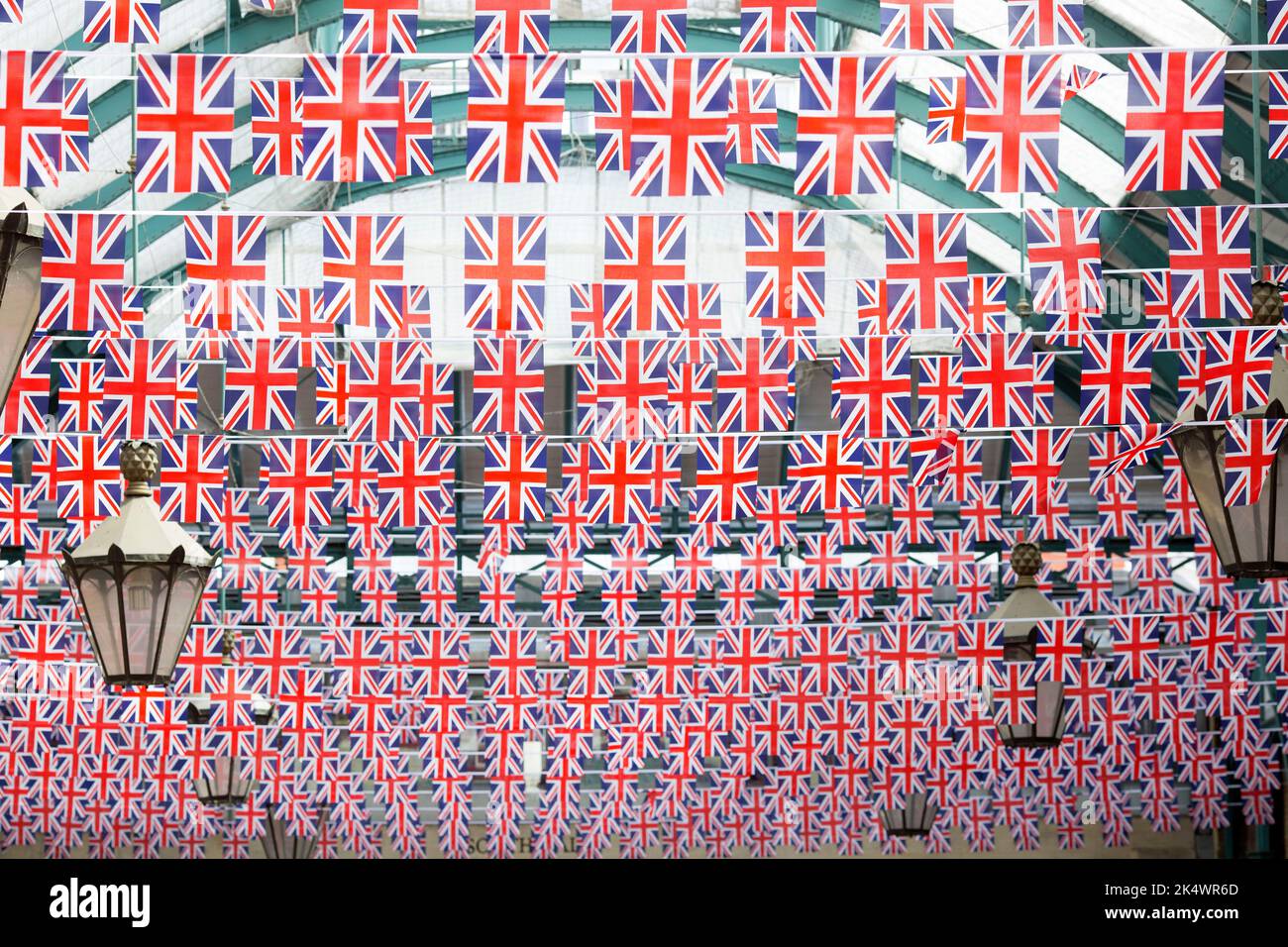 Union flag decorations are seen in Covent Garden, London, ahead of the ...