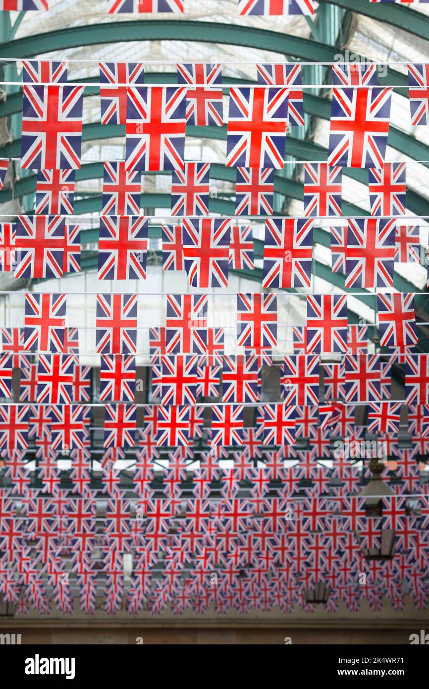 Union flag decorations are seen in Covent Garden, London, ahead of the ...