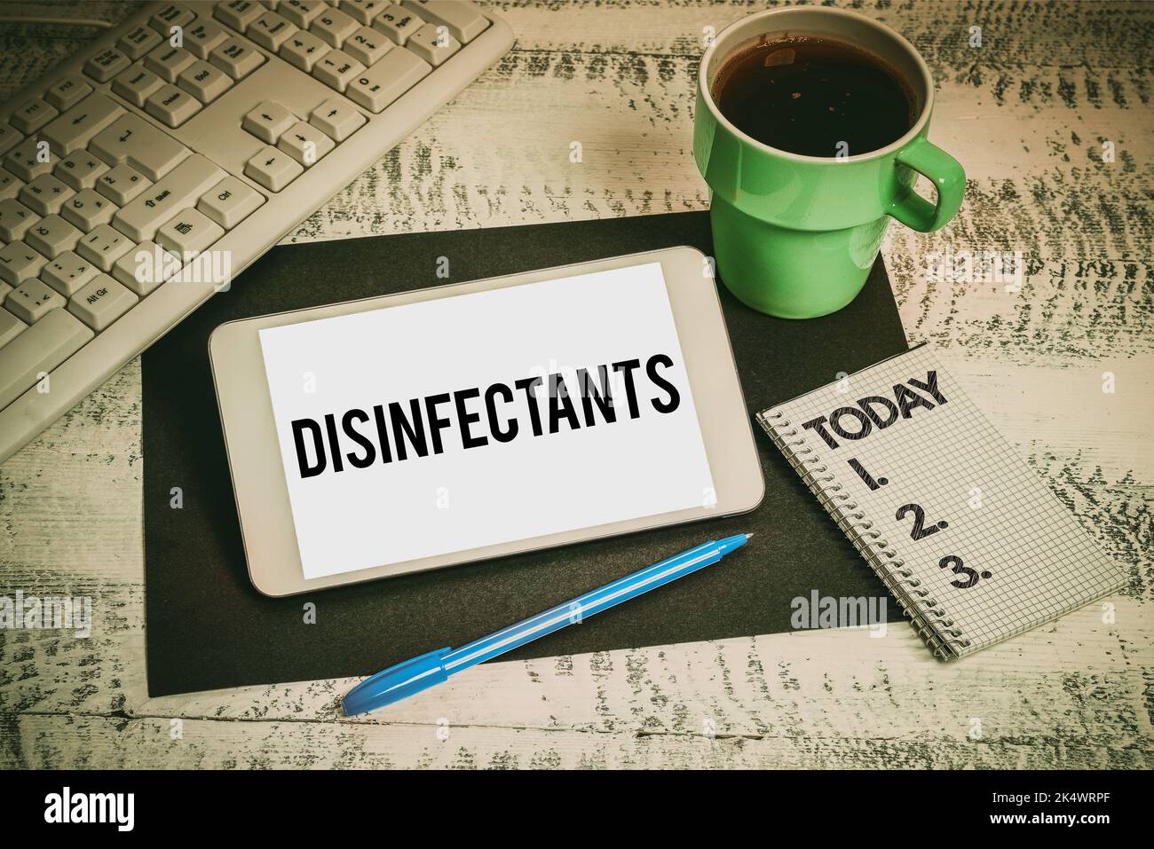 Text caption presenting Disinfectants. Word Written on chemical that ...