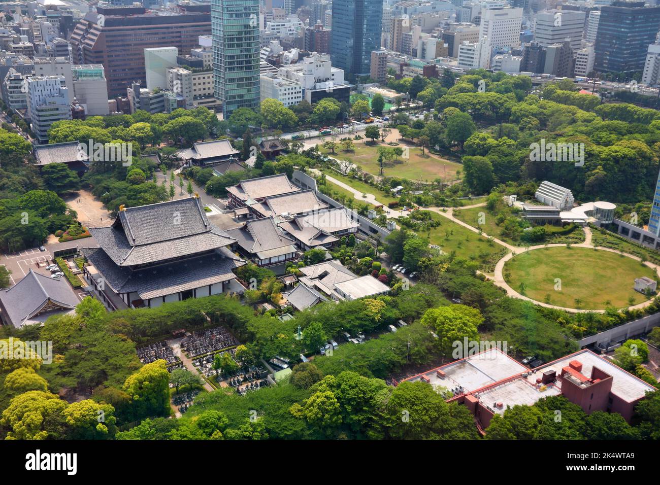Tokyo city aerial view, Japan. Zojoji Temple and Shiba Park (Shibakoen) in Minato Ward Stock ...